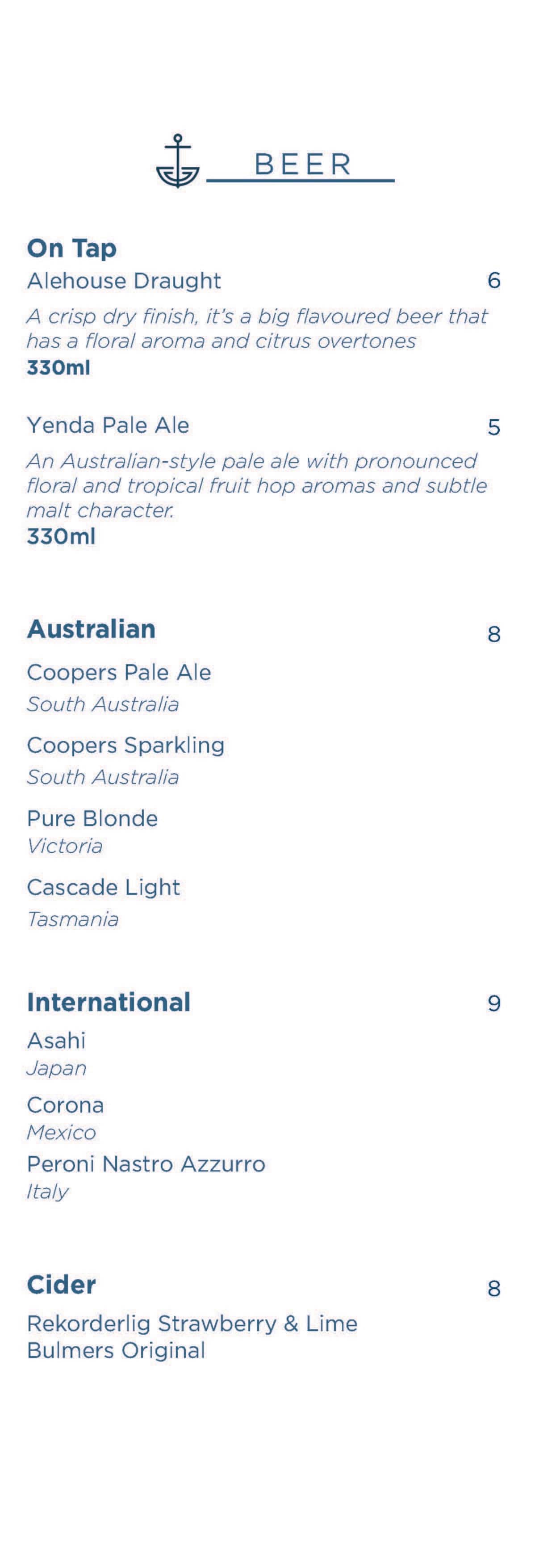 Menu at The Fitzroy Yacht Club, Fitzroy, 301 Brunswick St