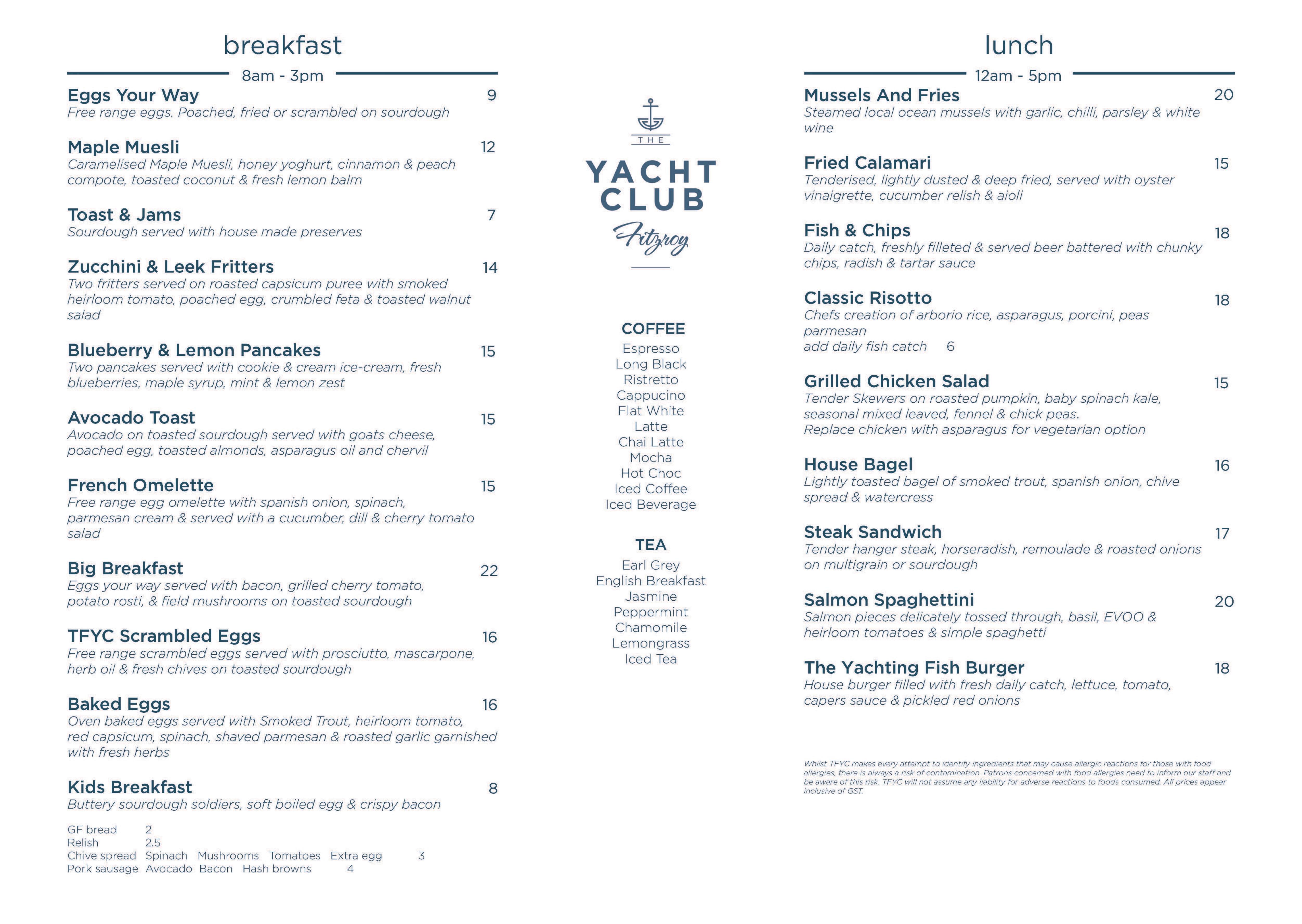 Menu at The Fitzroy Yacht Club, Fitzroy, 301 Brunswick St