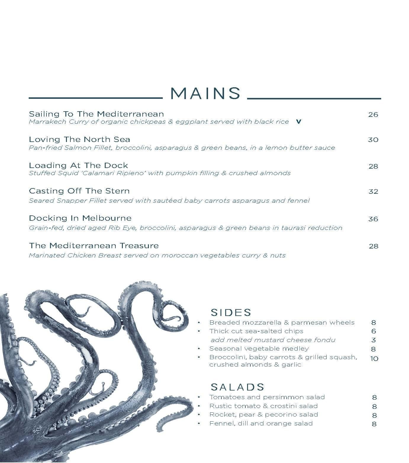Menu at The Fitzroy Yacht Club, Fitzroy, 301 Brunswick St