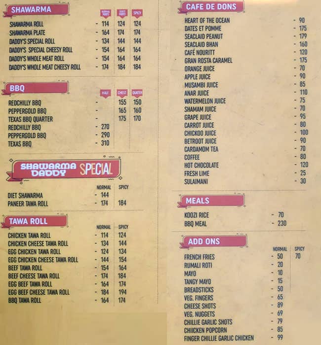 Menu of Shawarma Daddy, Edappally, Kochi
