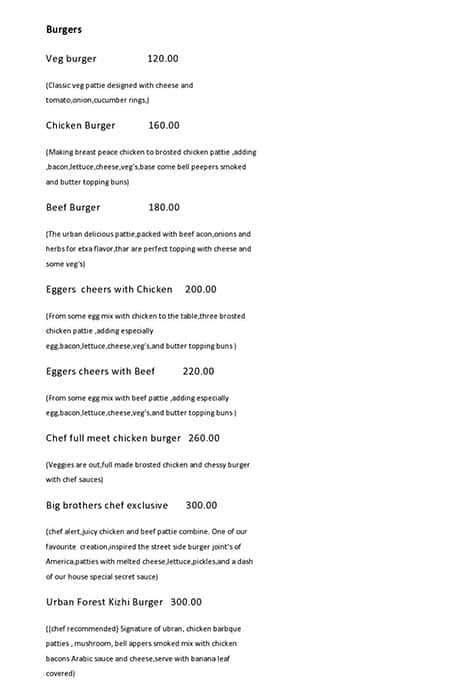 Menu of Urban Forest, Kalamassery, Kochi