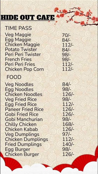 Menu of Hide Out Cafe, Yelahanka, Bangalore