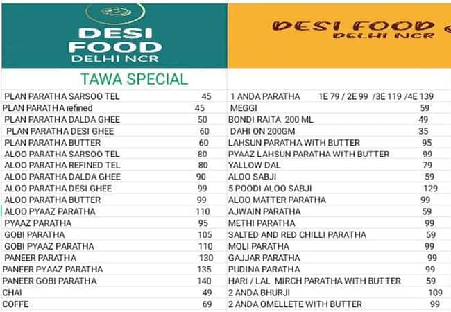 Menu of Desi Foods, Vivek Vihar old, New Delhi