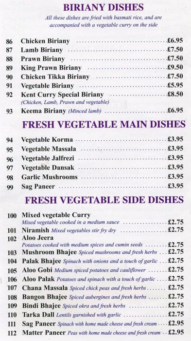 Menu at Kent Curry restaurant, Dartford