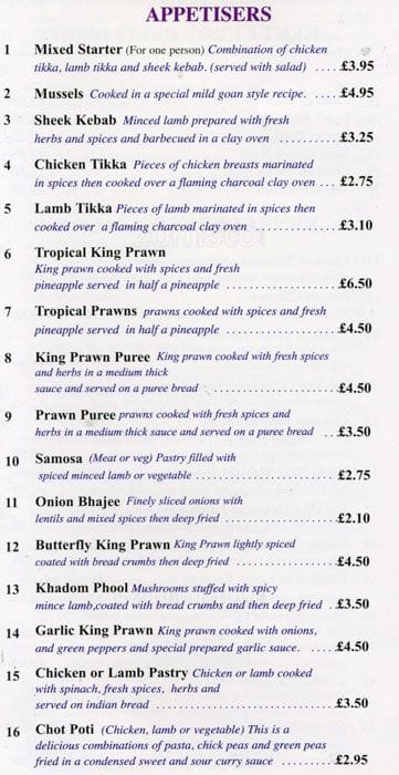 Menu at Kent Curry restaurant, Dartford