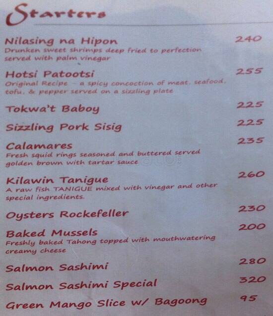 Menu at Harbor View Bistro restaurant, Pasay, San Miguel By the Bay