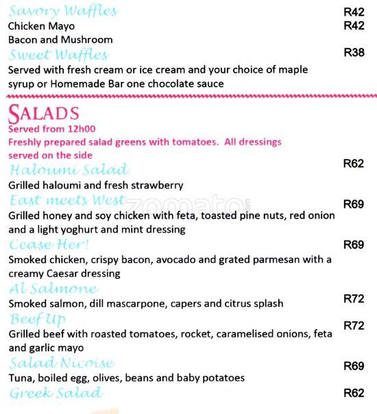 Menu at Succulent Cafe, Johannesburg, 14th Avenue