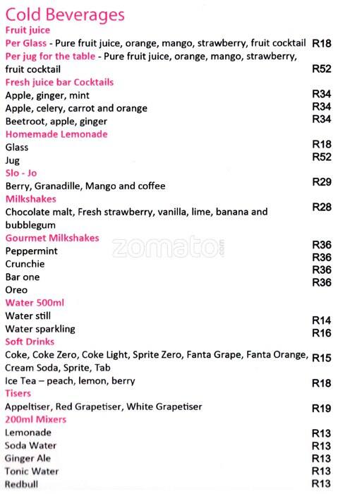 Menu at Succulent Cafe, Johannesburg, 14th Avenue