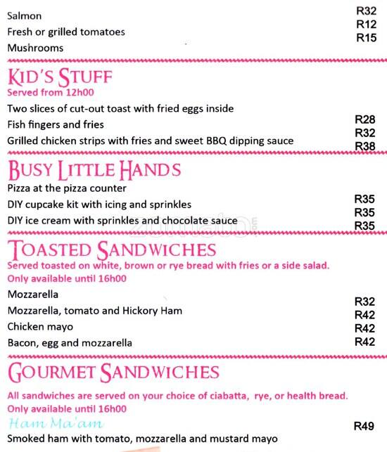 Menu at Succulent Cafe, Johannesburg, 14th Avenue