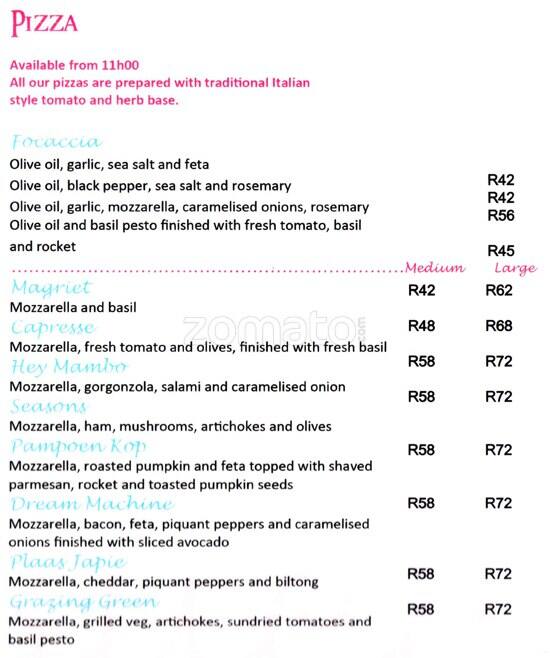 Menu at Succulent Cafe, Johannesburg, 14th Avenue