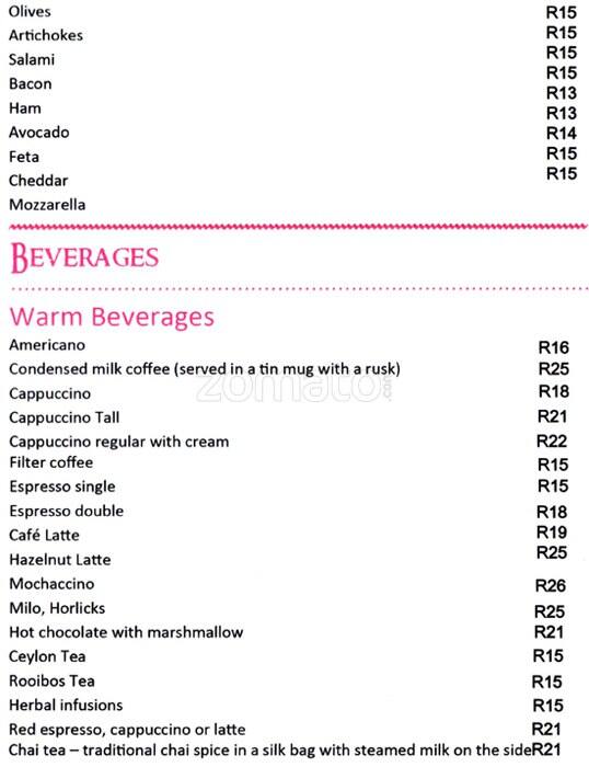 Menu at Succulent Cafe, Johannesburg, 14th Avenue