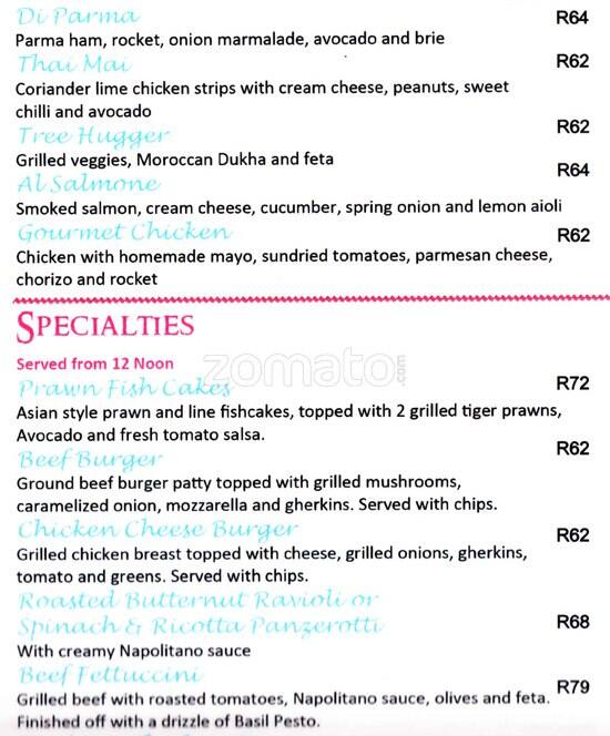 Menu at Succulent Cafe, Johannesburg, 14th Avenue