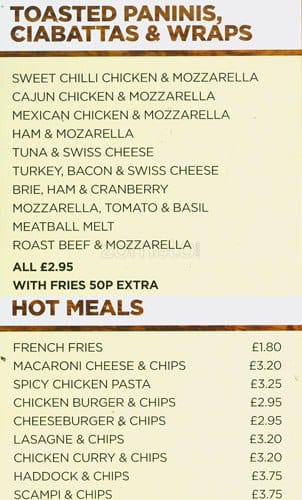 Menu at The Metro fast food, Glasgow, 73 Bothwell St