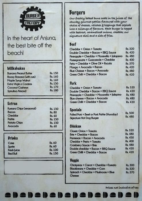 Menu at Burger Factory Morjim, Morjim, vaddo la marine resort