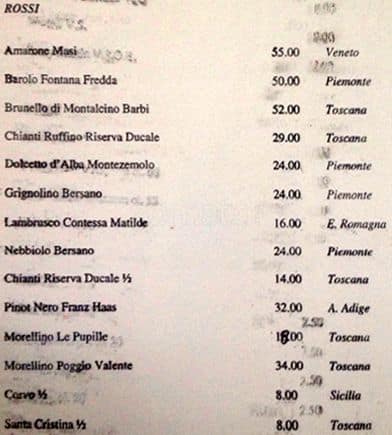 Menu at Romolo restaurant, Rome