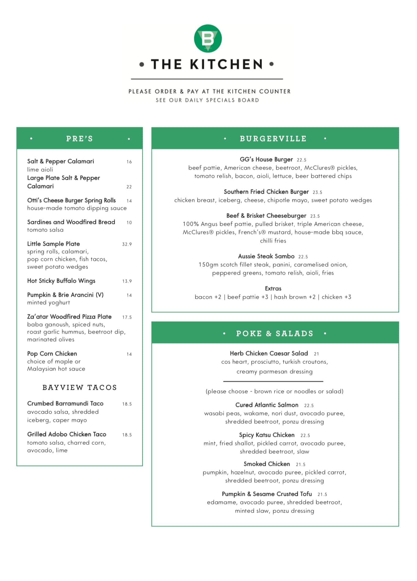 Menu at Bayview Tavern restaurant, Gladesville