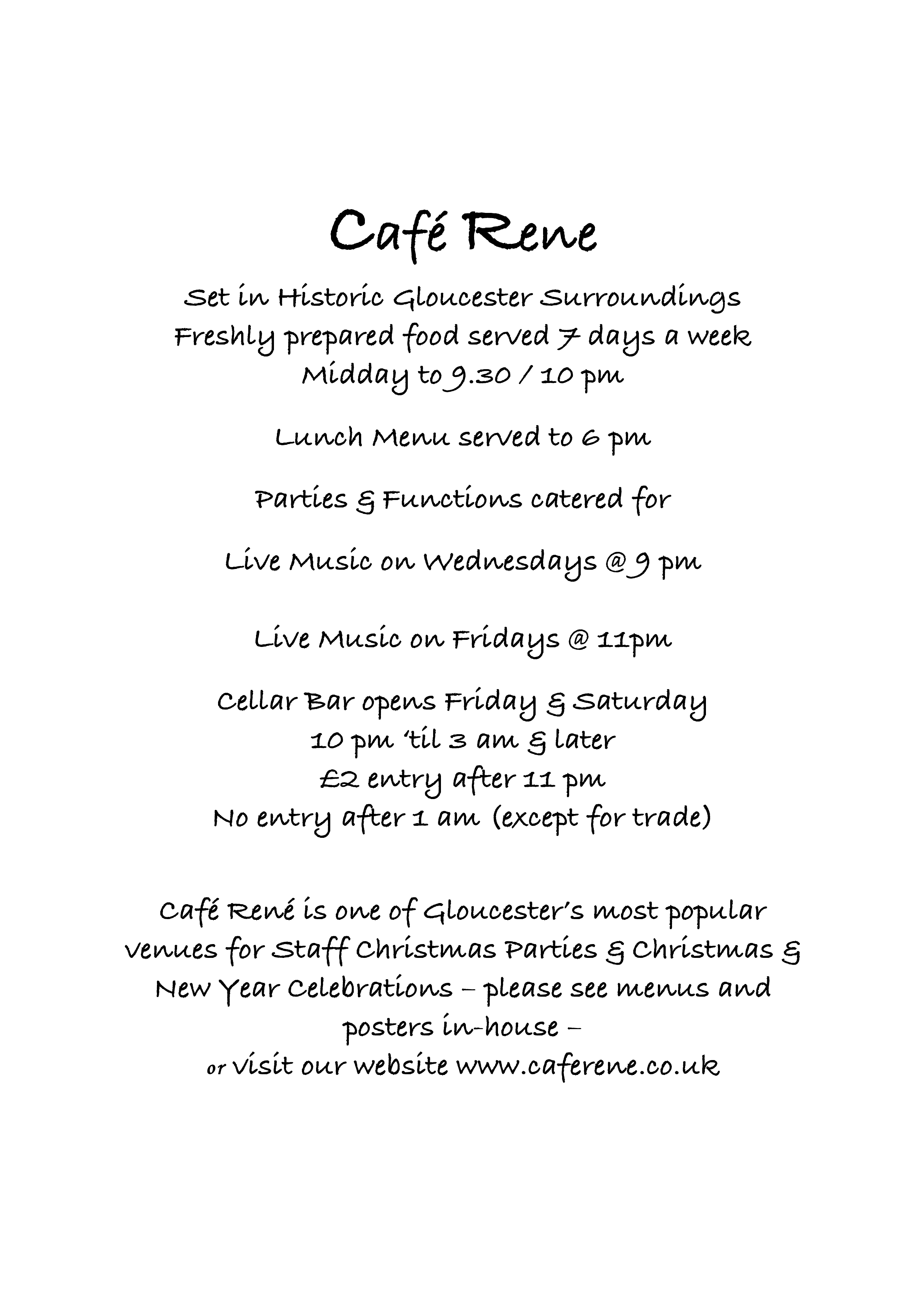 Menu at Café René cafe, Gloucester, 31 Southgate St
