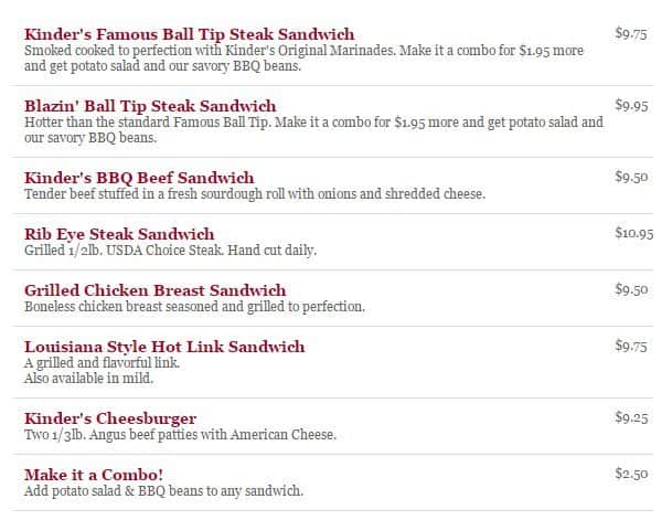 Menu at Kinder's BBQ, Pleasant Hill, Morello Ave