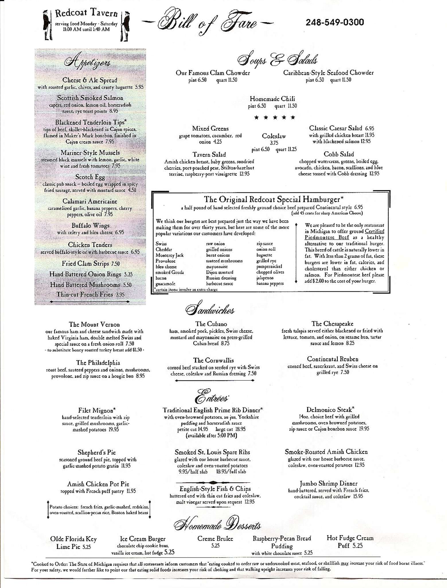 Menu at Redcoat Tavern pub & bar, Royal Oak
