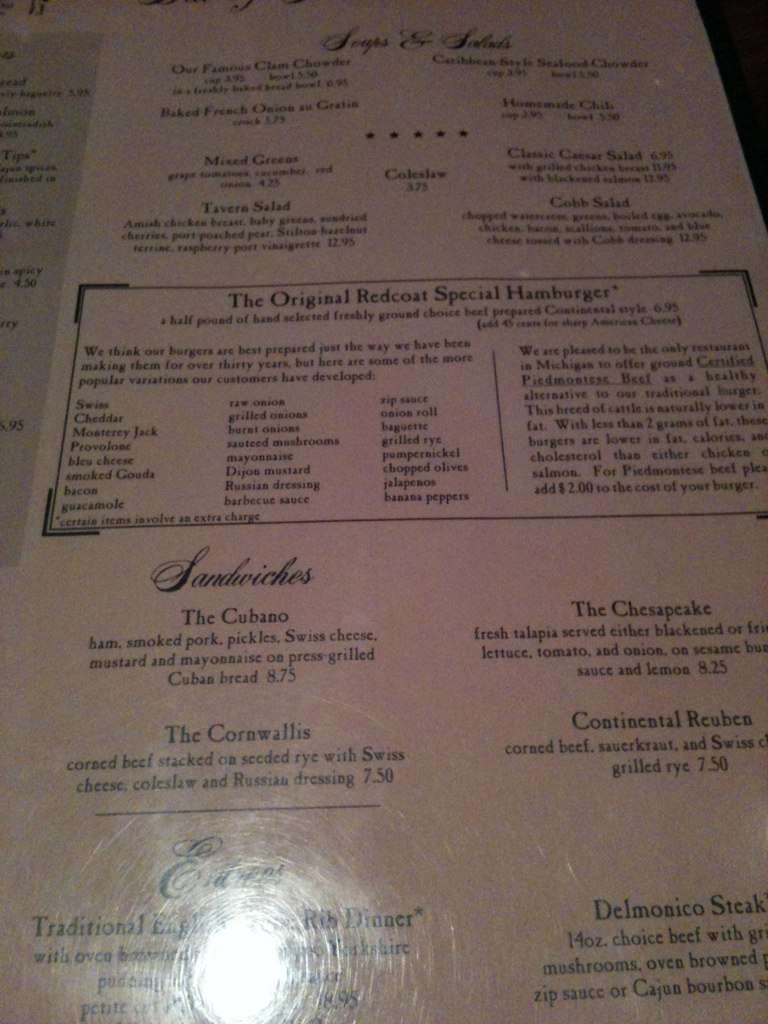Menu at Redcoat Tavern pub & bar, Royal Oak