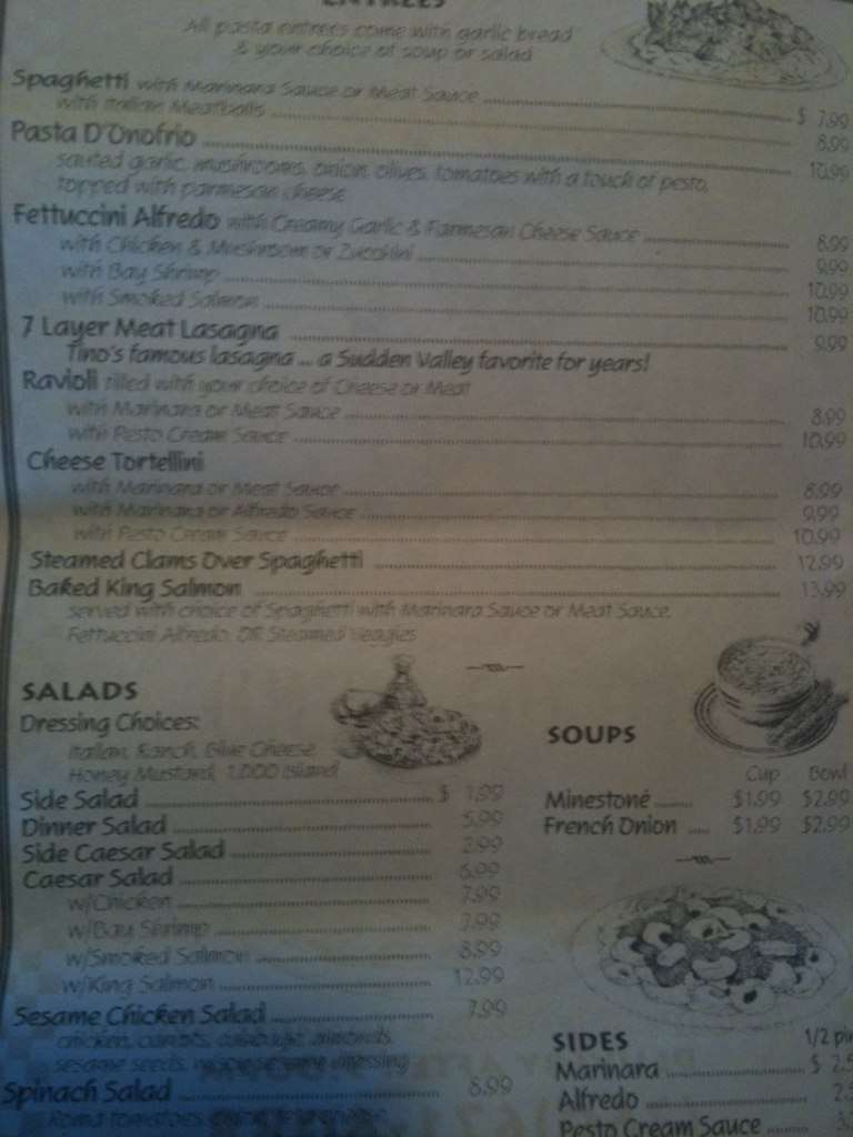 Menu at Tino’s Pizza & Pasta Co. pizzeria, Sudden Valley