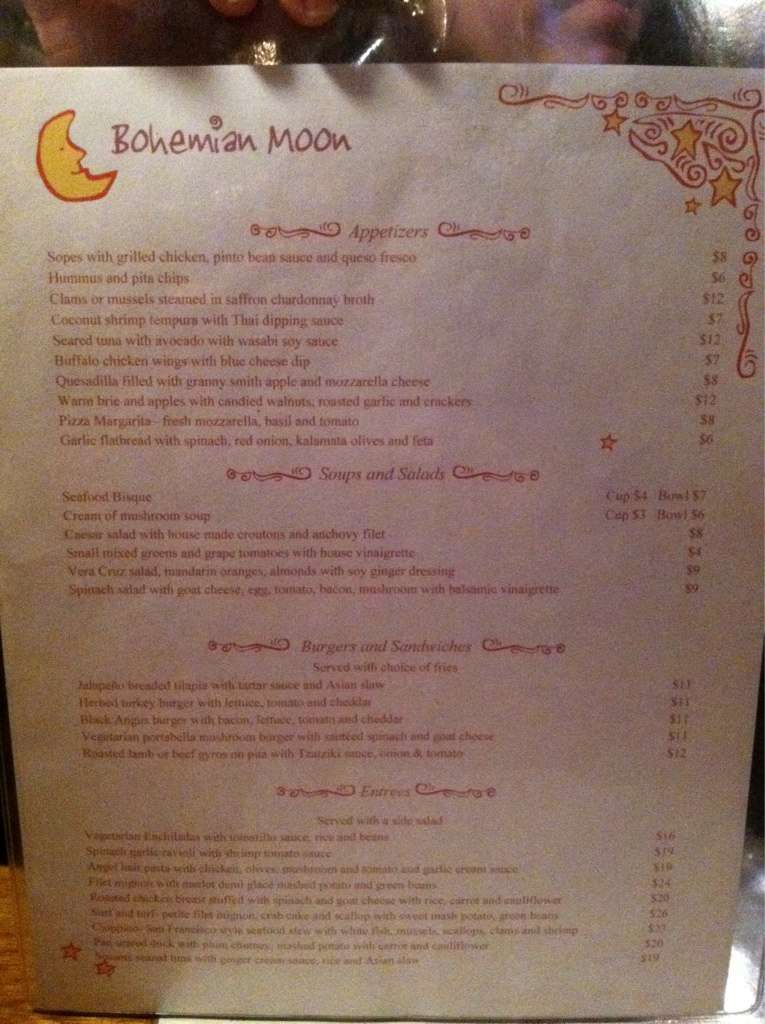 Menu at Bohemian Moon restaurant, Norwich