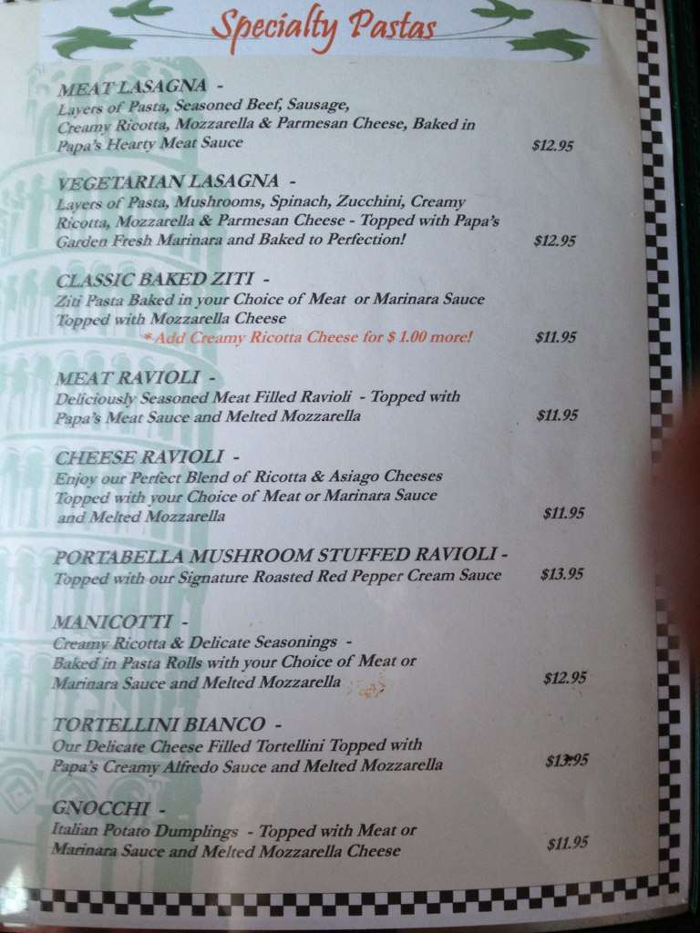 Menu at Papa's Italian Restaurant, Prescott, 129 1/2 N Cortez St