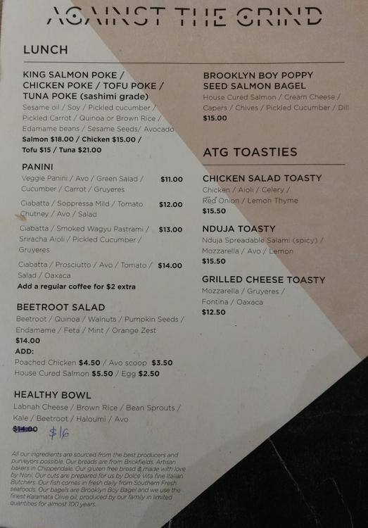 Menu at Against The Grind restaurant, Neutral Bay