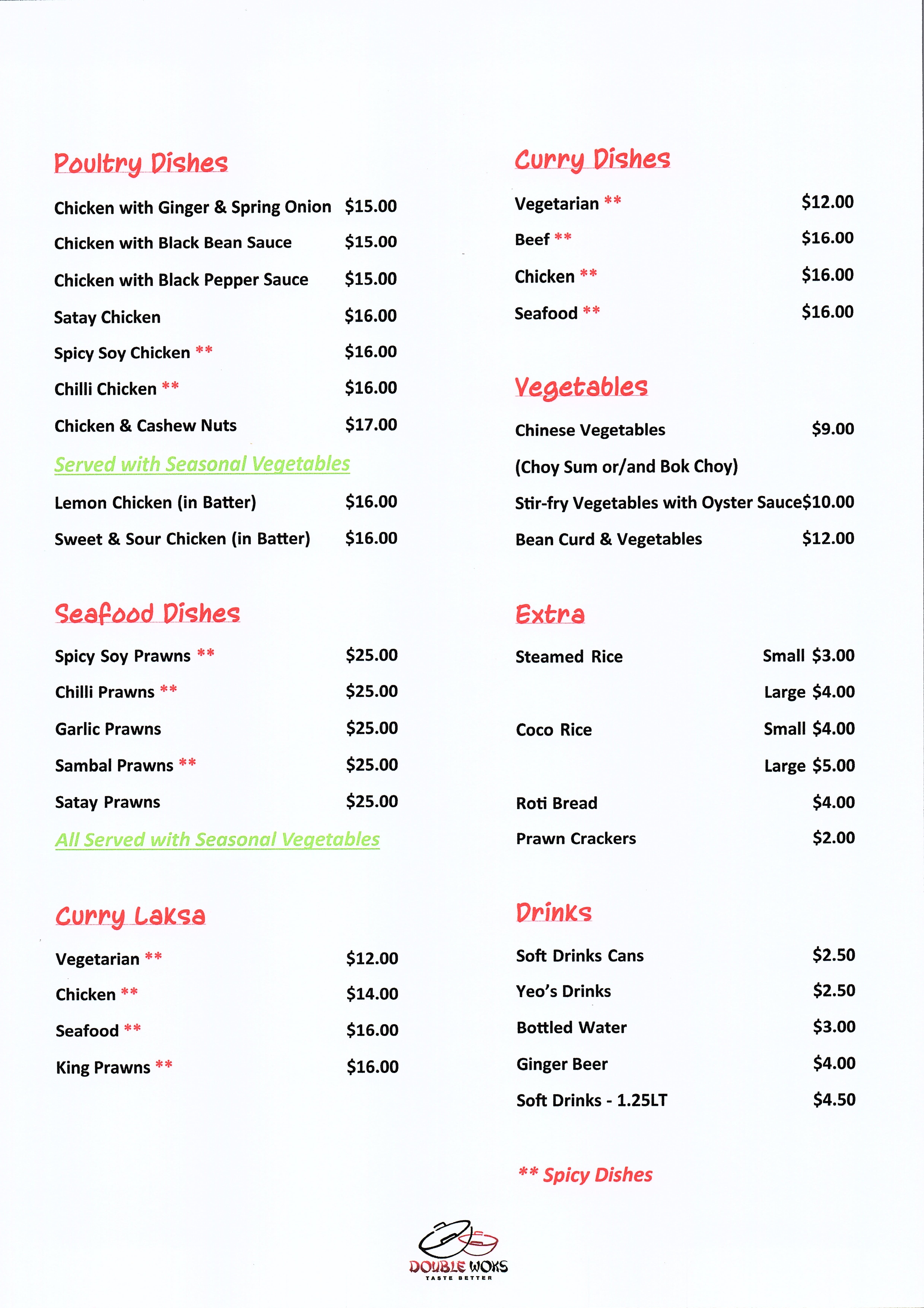 Menu at Double Woks restaurant, Bentleigh East