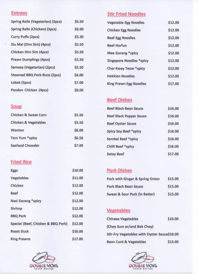 Menu at Double Woks restaurant, Bentleigh East