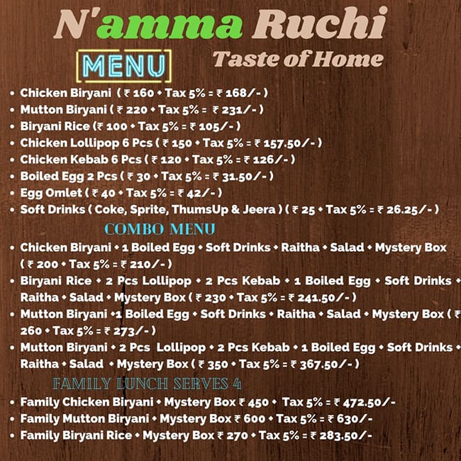 Menu of Namma Ruchi, Hebbal, Bangalore