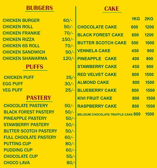 Menu of Cake & Bake, Madhapur, Hyderabad