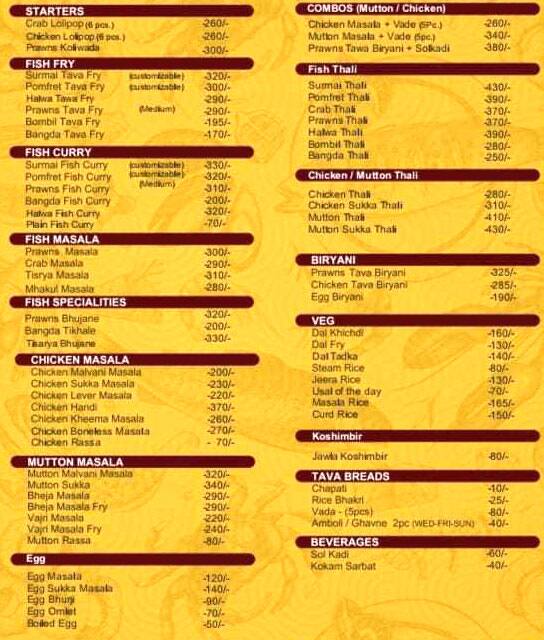 Menu of King Fish, Prabhadevi, Mumbai