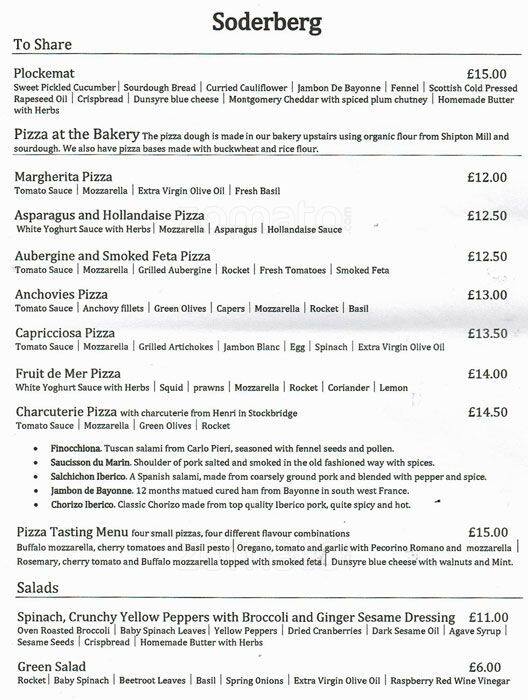 Menu at Söderberg The Meadows cafe, Edinburgh