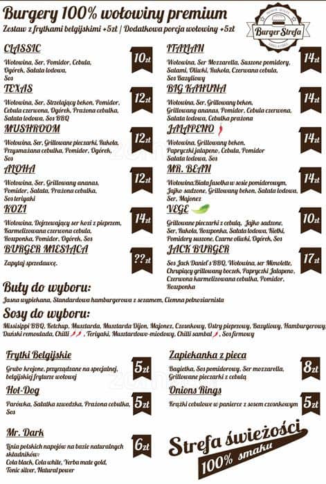 Menu at Burger Strefa restaurant, Bydgoszcz, Gdańska 140