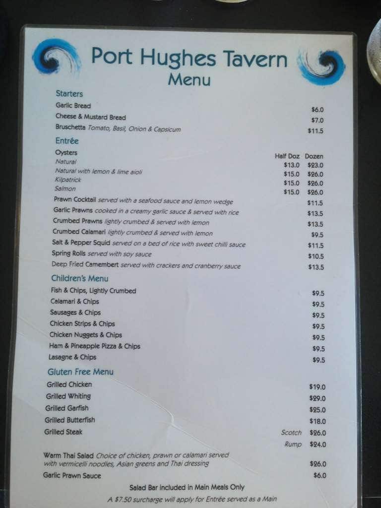 Menu at The Port Hughes Tavern restaurant, Port Hughes