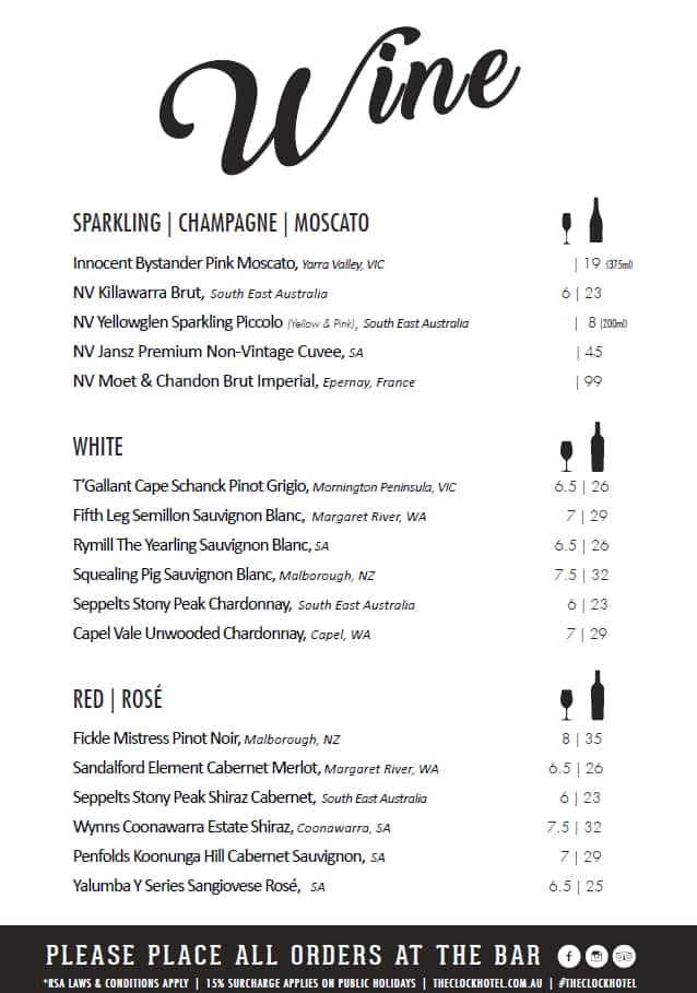 Menu at Clock Hotel restaurant, Surfers Paradise