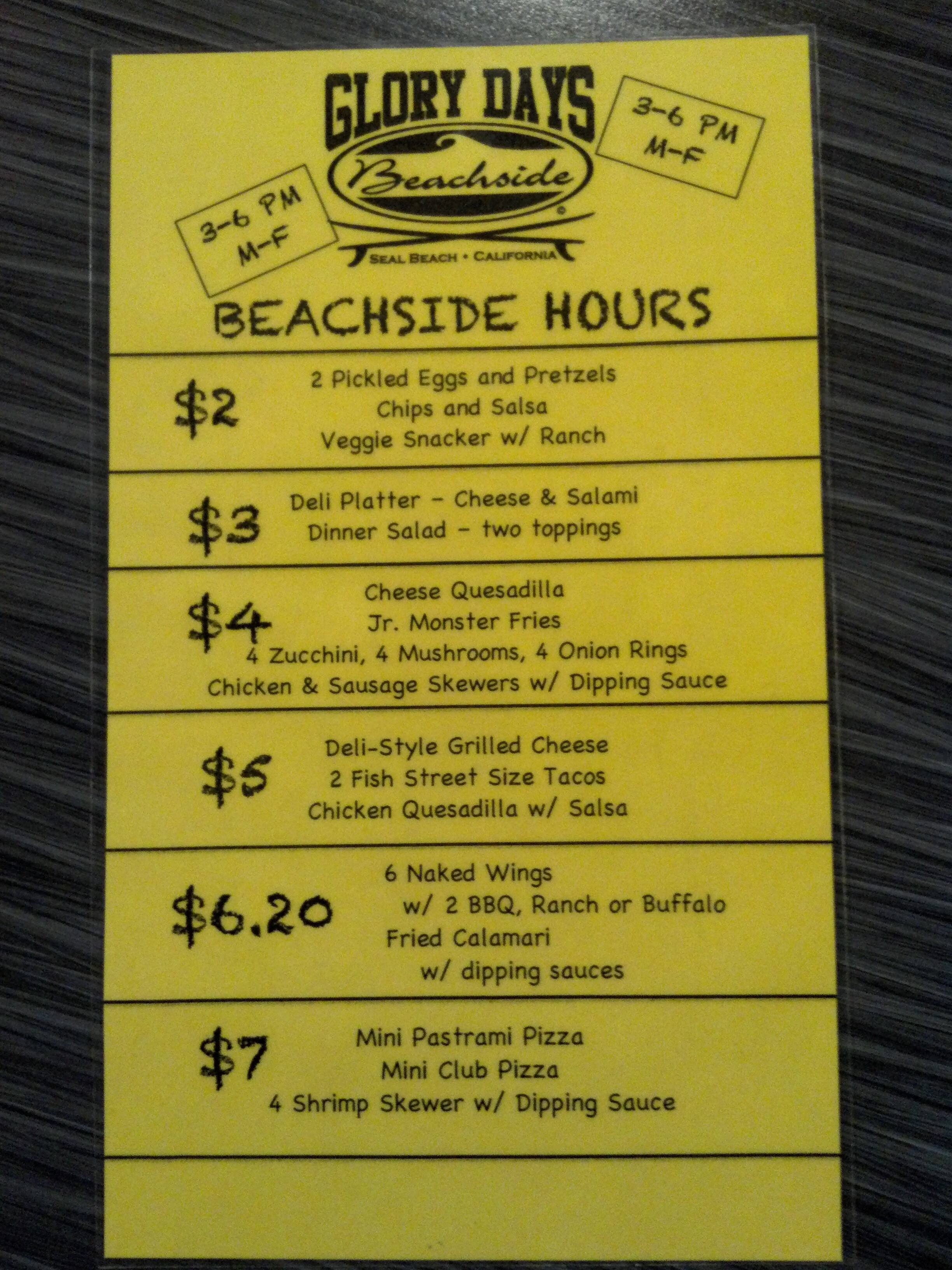 Menu at Glory Days Beachside Grill pub & bar, Seal Beach