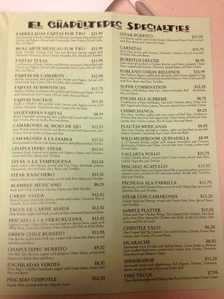 Carta de El Chapultepec Mexican Restaurant, Germantown