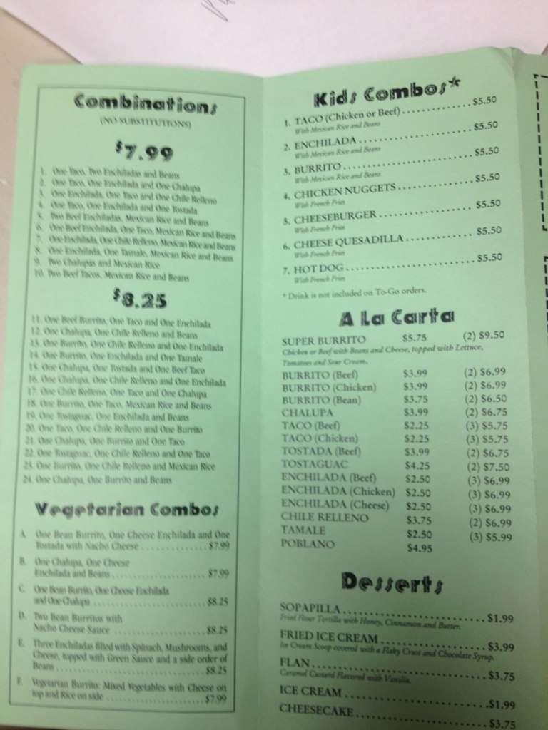 Carta de El Chapultepec Mexican Restaurant, Germantown