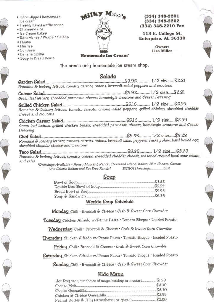 Menu at Milky Moo's Homemade Ice Cream restaurant, Enterprise
