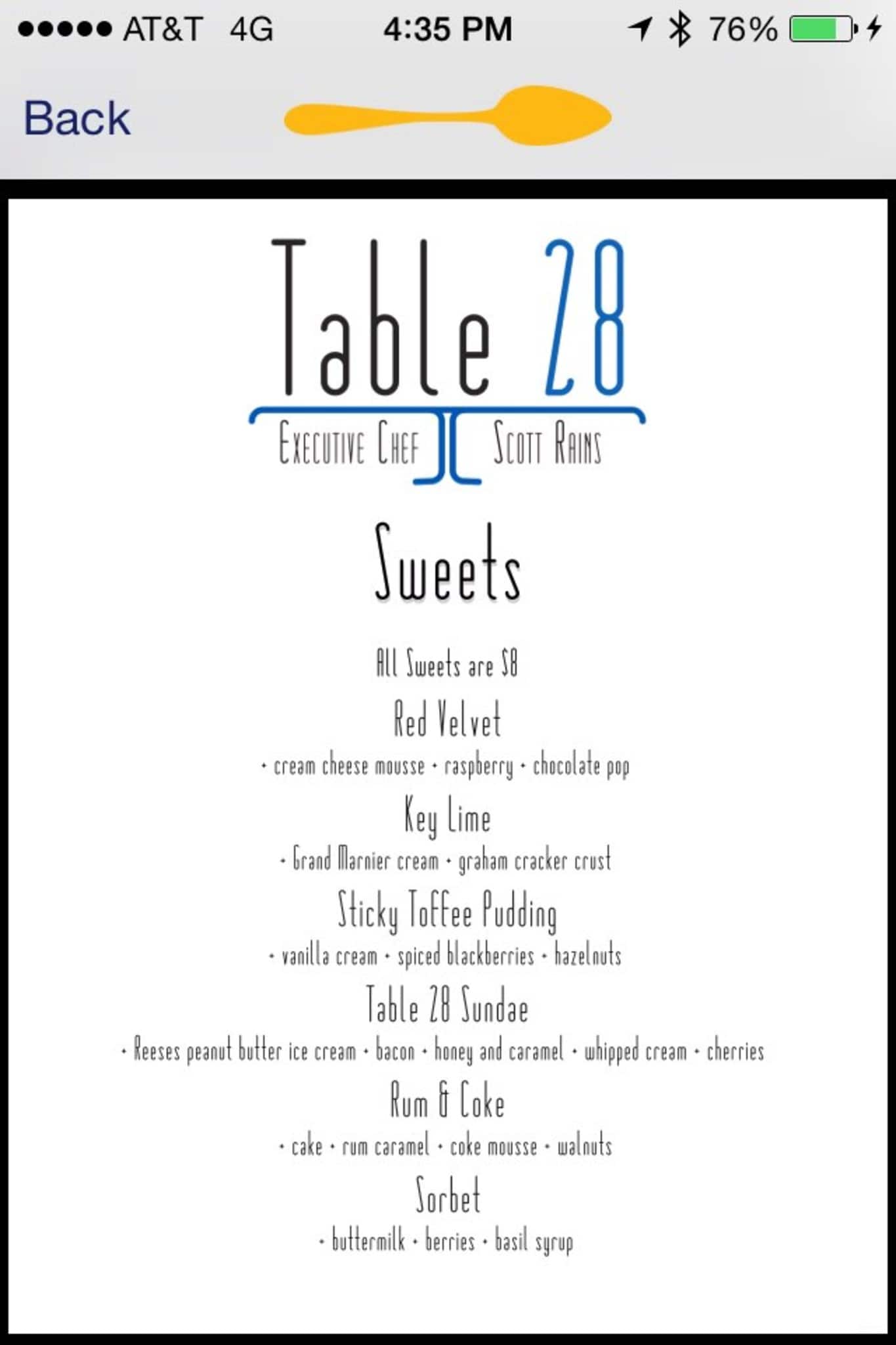 Menu at Table 28 desserts, Little Rock, Merrill Dr