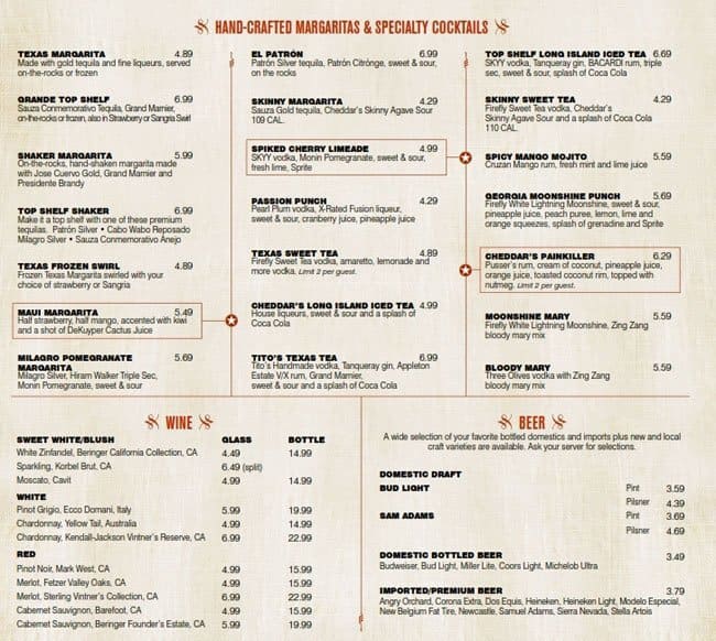 Menu at Cheddar's Scratch Kitchen restaurant, Valdosta