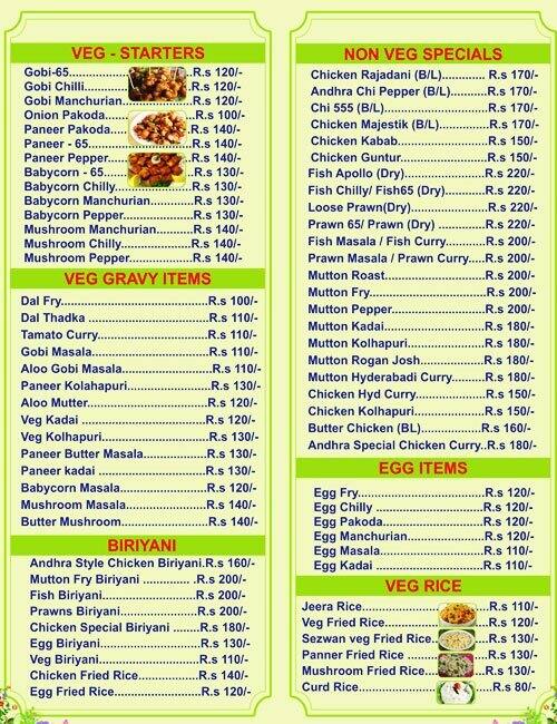 Menu of Andhra Ruchi's Restaurant, Whitefield, Bangalore