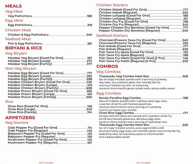 Menu of Tharavadu Malabar Biryani, Electronic City, Bangalore