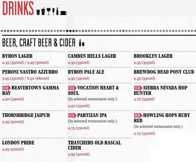 Menu at Byron restaurant, London, 33-35 Wellington Street