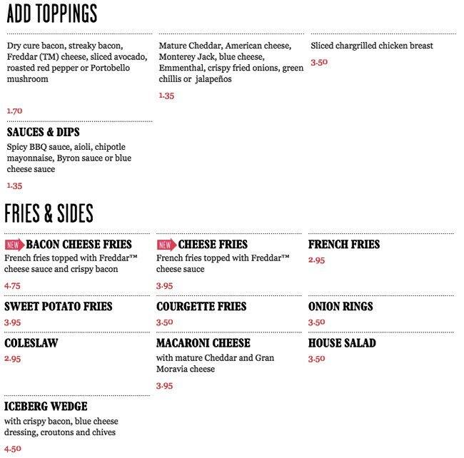 Menu at Byron restaurant, London, 33-35 Wellington Street