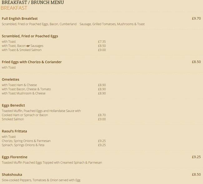 Menu at Raoul's cafe, London, 105 - 107 Talbot Rd