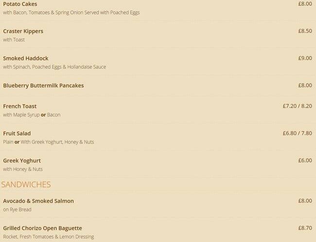 Menu at Raoul's cafe, London, 105 - 107 Talbot Rd