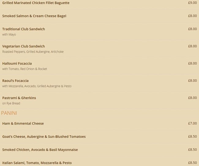 Menu at Raoul's cafe, London, 105 - 107 Talbot Rd